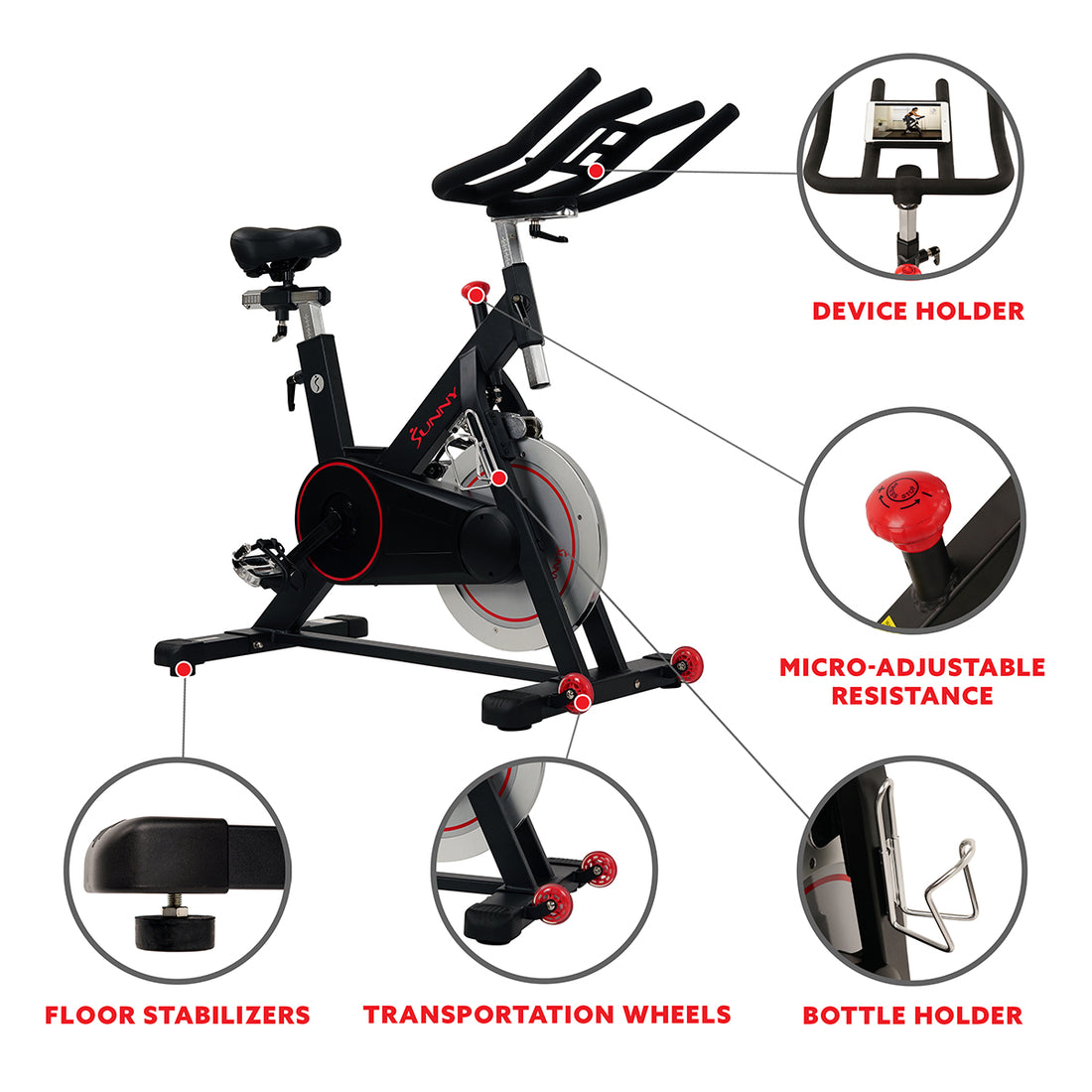Indoor Cycling Bike Magnetic Belt Drive w/ High Weight Capacity and De | Sunny Health and Fitness